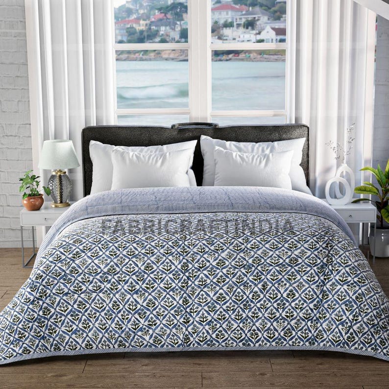 Light Steel Blue Comforter Quilt, Hand Block Printed 100% Pure Cotton ...