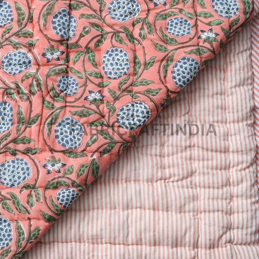 Dark Salmon Pink Comforter Quilt Hand Block Printed Pure Cotton Cloth ...