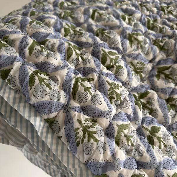 Light Steel Blue Comforter Quilt, Hand Block Printed 100% Pure Cotton ...