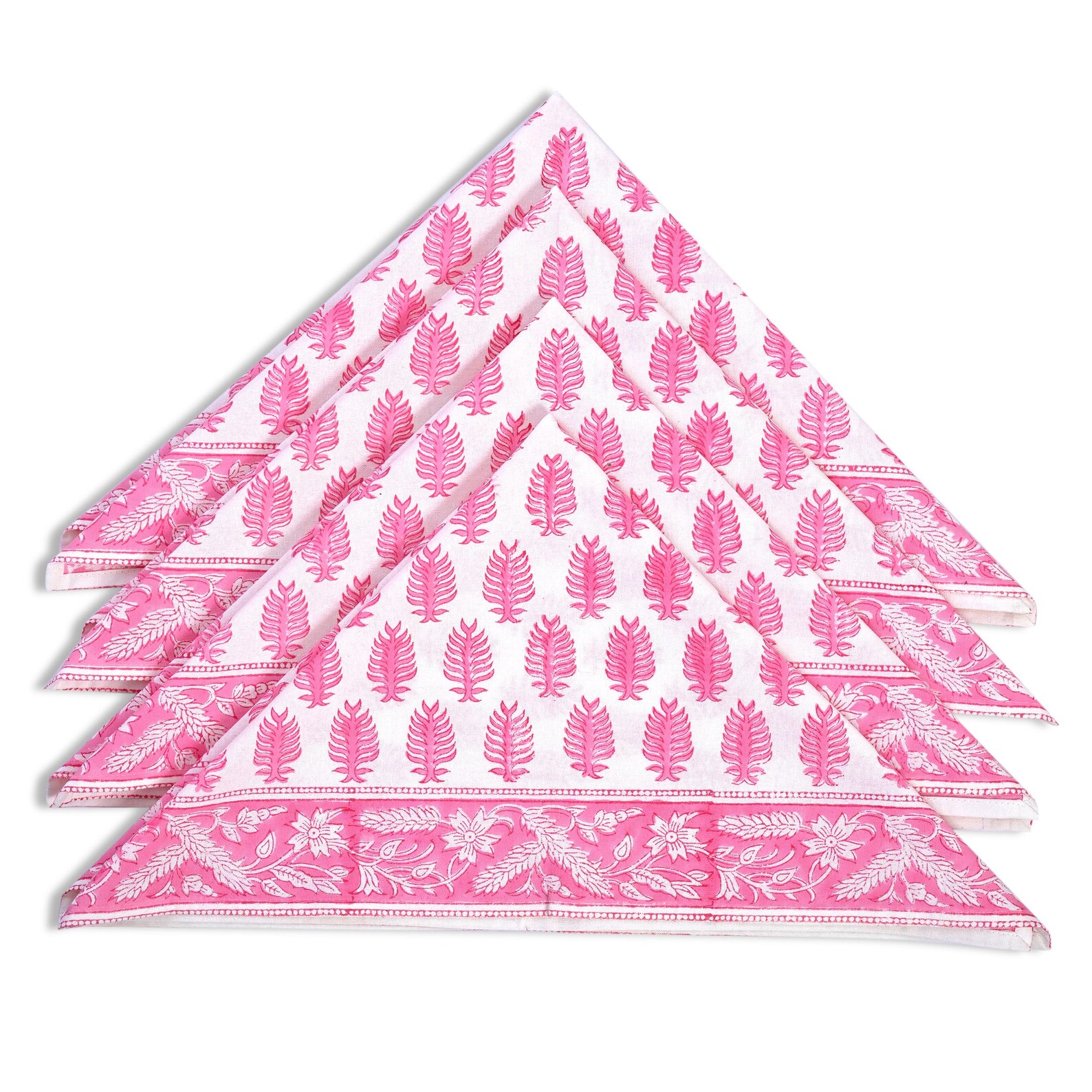 Taffy Pink Border Napkins, Hand-block Printed Cotton Cloth Floral ...
