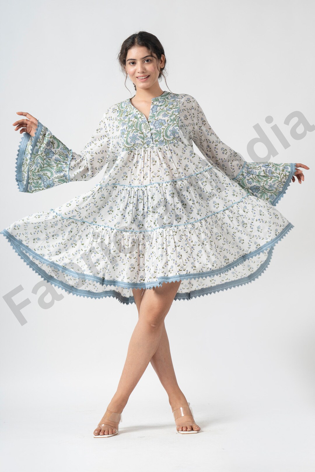 Powder Blue Mini Summer Dress Hand Block Printed 100% Pure Cotton Cloth ...