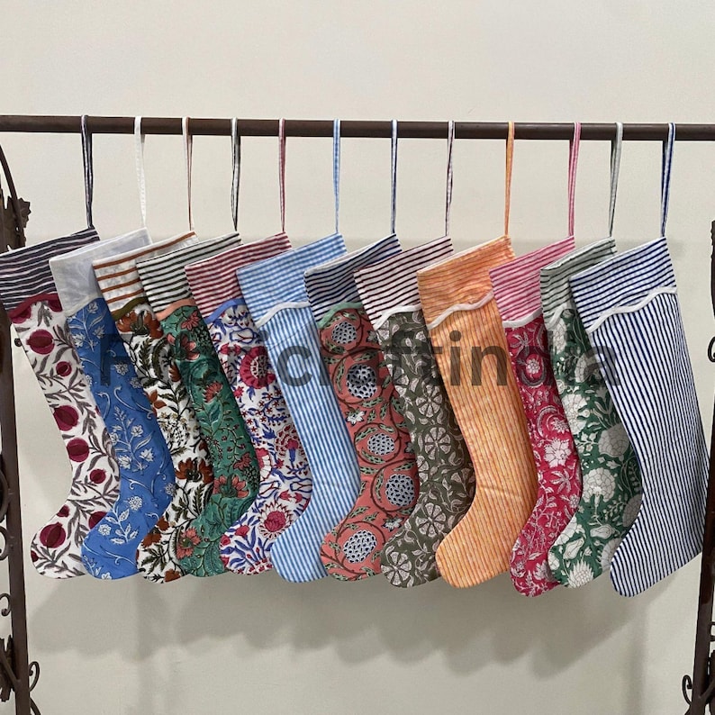 Mix Christmas Stockings, Hand Block Printed Cotton Floral Christmas ...