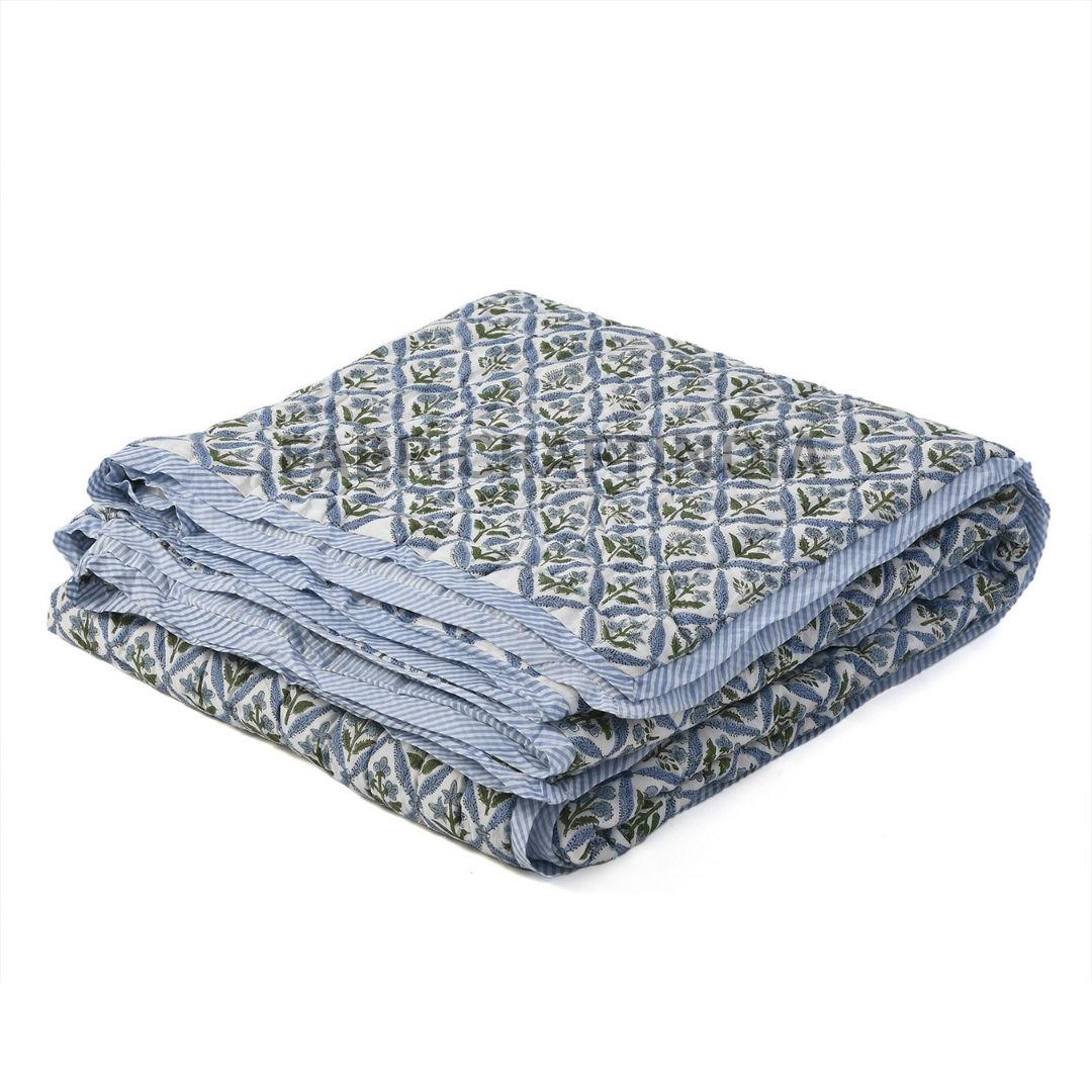 Light Steel Blue Comforter Quilt Hand Block Printed 100% Pure Cotton ...