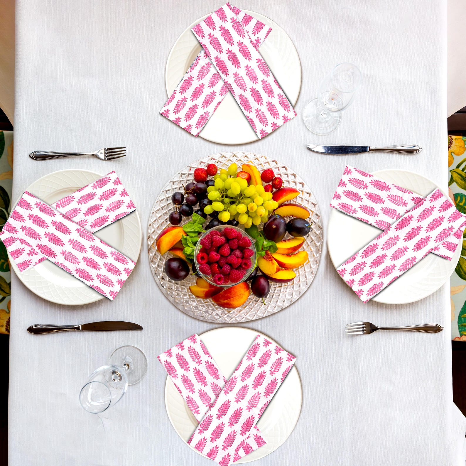 Taffy Pink Border Napkins, Hand-block Printed Cotton Cloth Floral ...