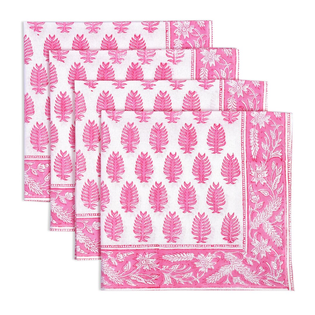 Taffy Pink Border Napkins, Hand-block Printed Cotton Cloth Floral ...