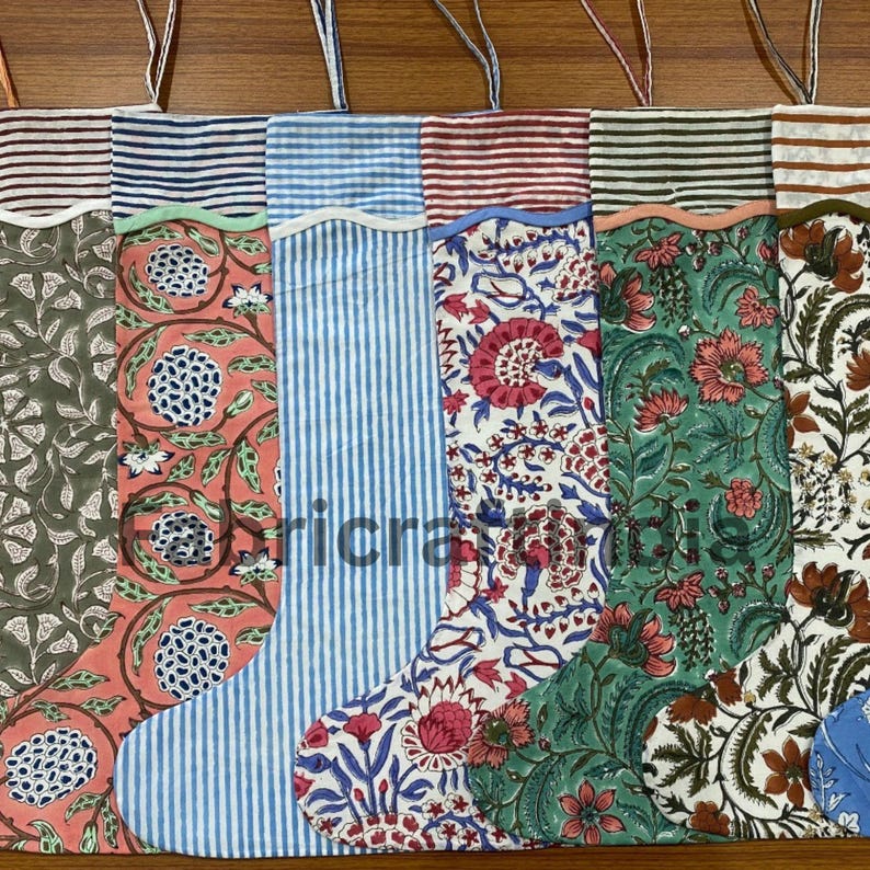 Mix Christmas Stockings, Hand Block Printed Cotton Floral Christmas ...