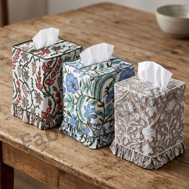 Floral Hand Block Printed Tissue Box Cover With Ruffle, Cotton ...