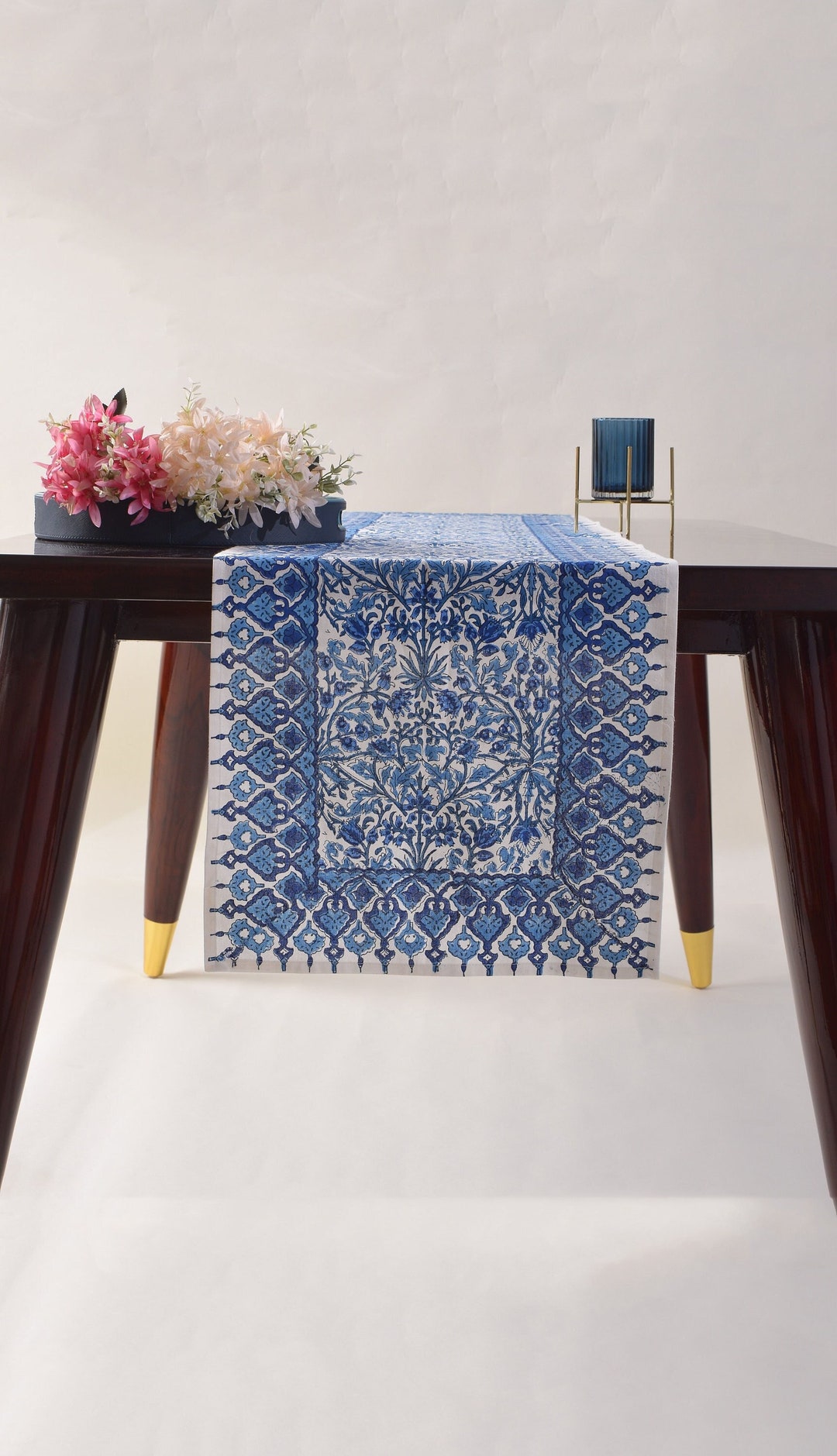 Dark Royal Blue Table Runner Indian Floral Hand Block Printed Cotton ...