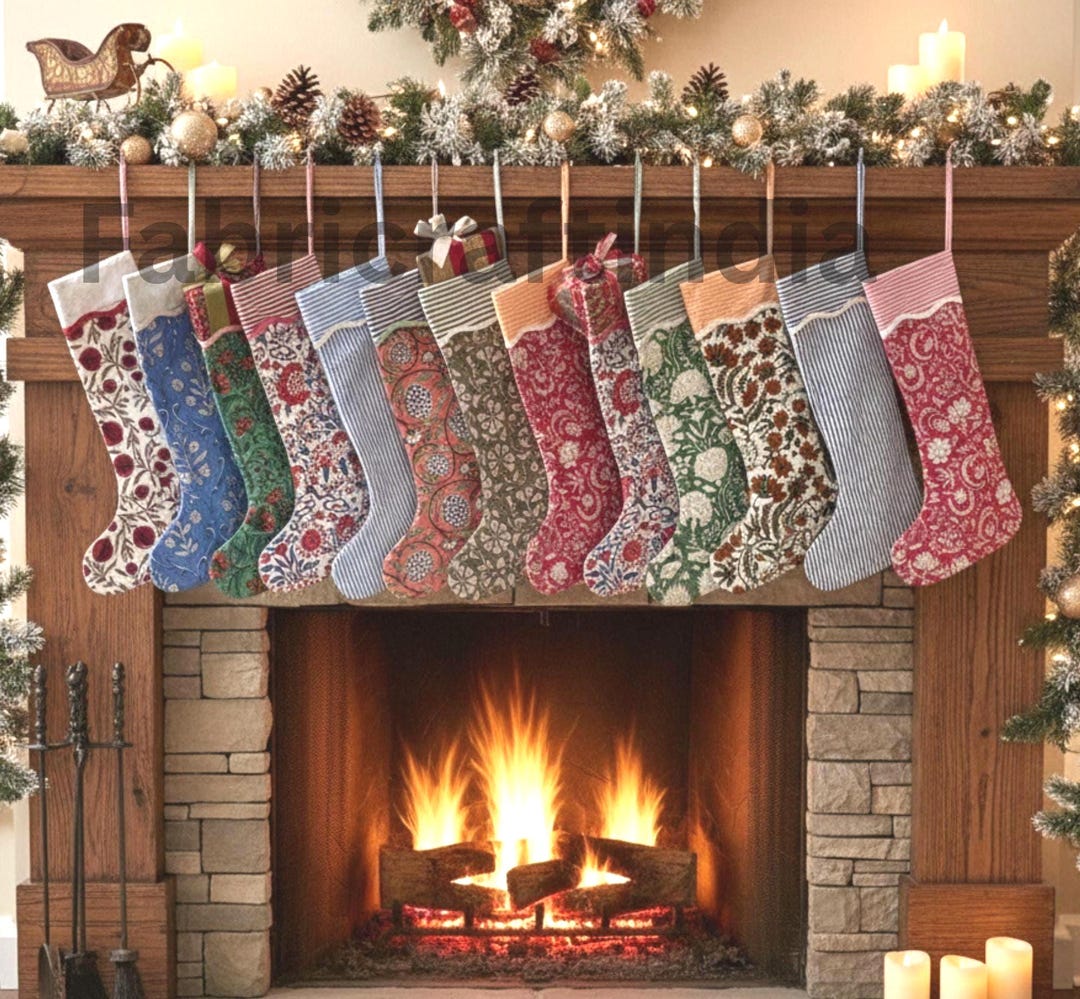 Mix Christmas Stockings, Hand Block Printed Cotton Floral Christmas ...