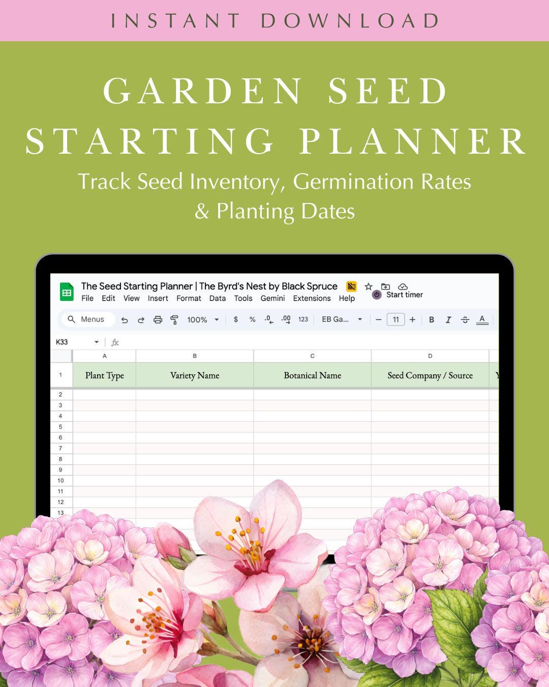 Seed Starting Planner Spreadsheet | Garden Organizer Google Sheets ...
