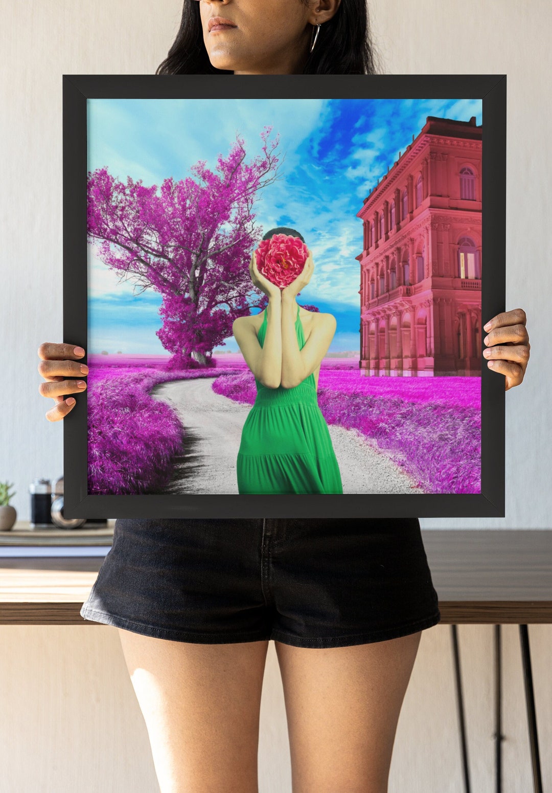 The Scream Pink Surrealist Landscape Collage Art Print, Canvas Flowers ...
