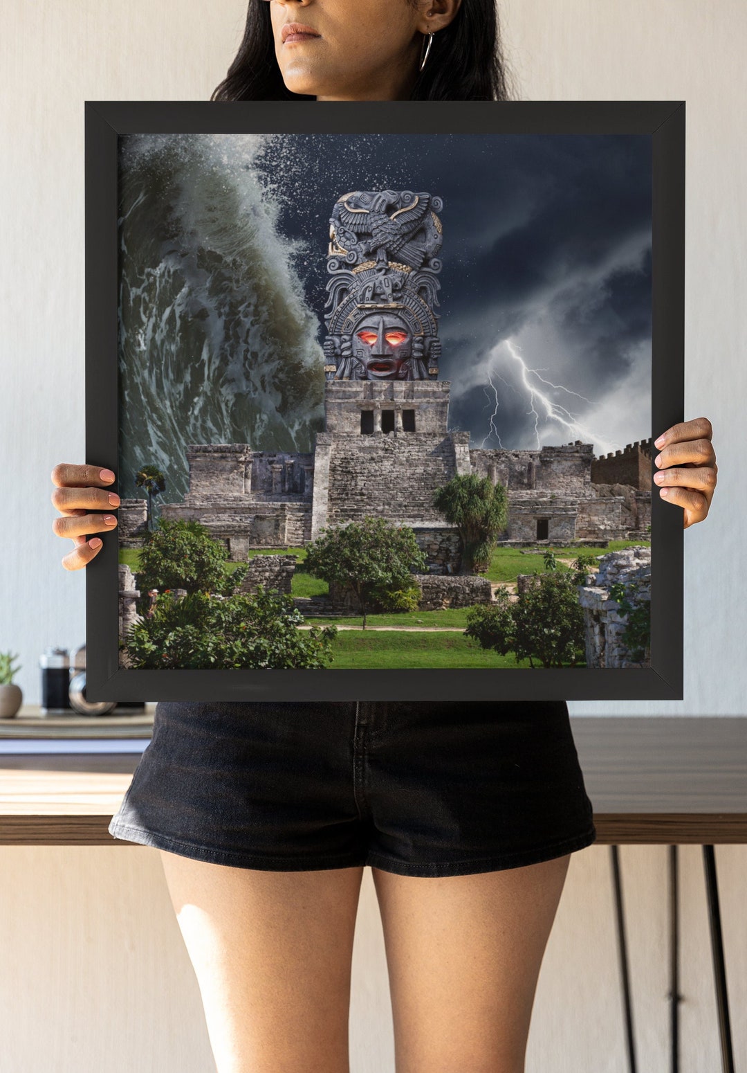 Angry Rain God Mayan Mexico Surreal Collage Canvas Print, Tulum Yucatan ...