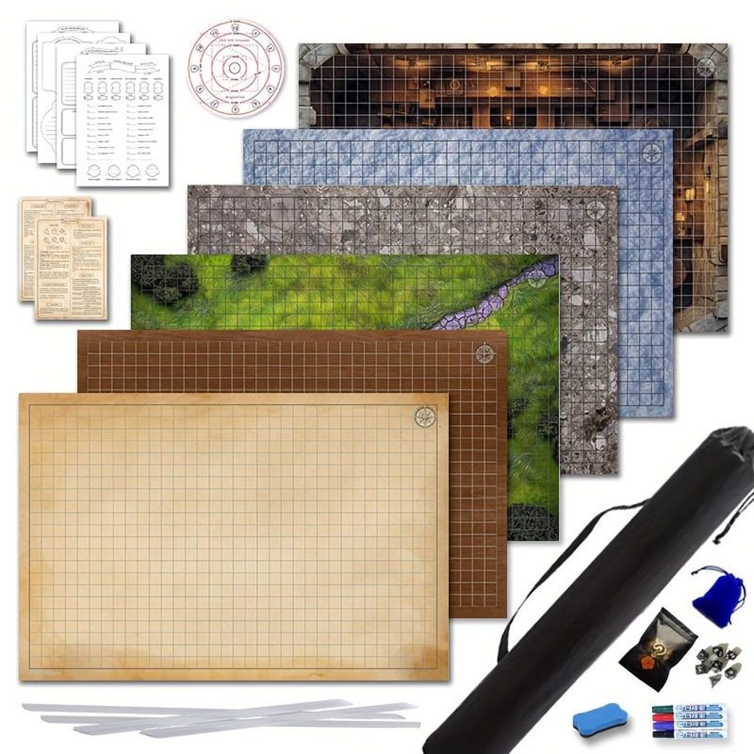 D&D 24"x 36" Grid Mats,6 Maps,double-sided,character Sheets,cheat ...