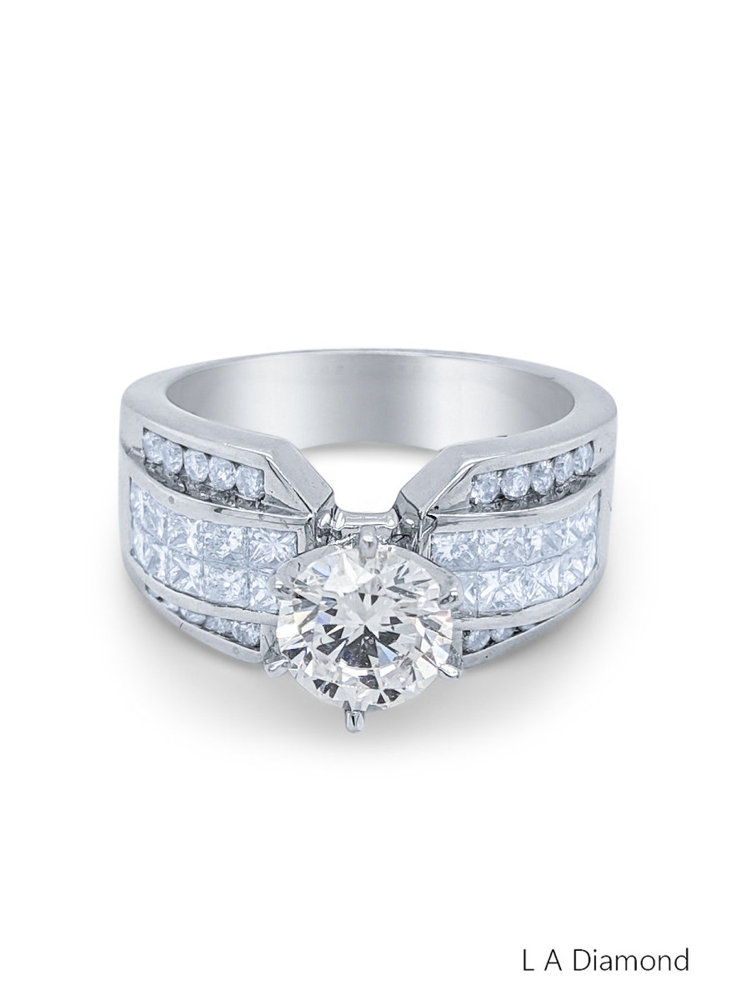 Bezel Corner Princess and Round Cut Set on Invisible Setting 18k White ...