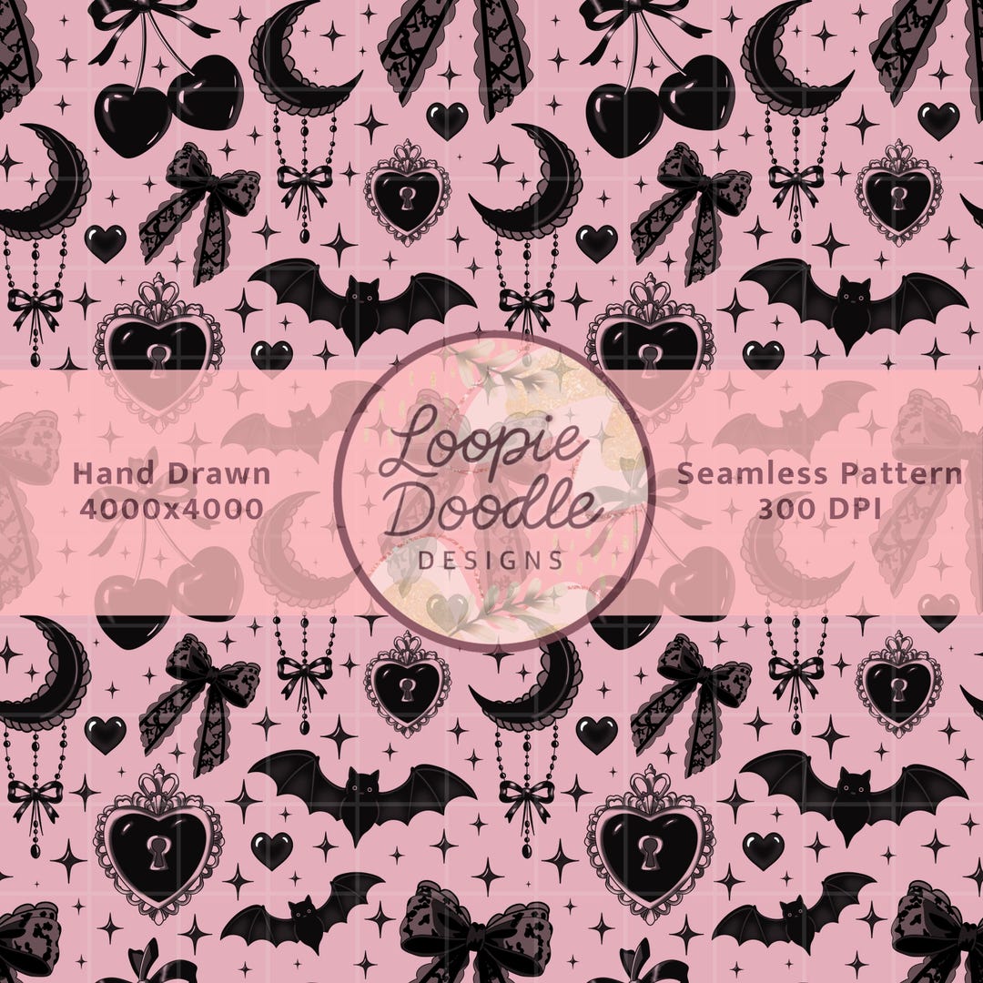 Pink Gothic Coquette Seamless Pattern | Goth Bats, Cherries, Lace Bows ...