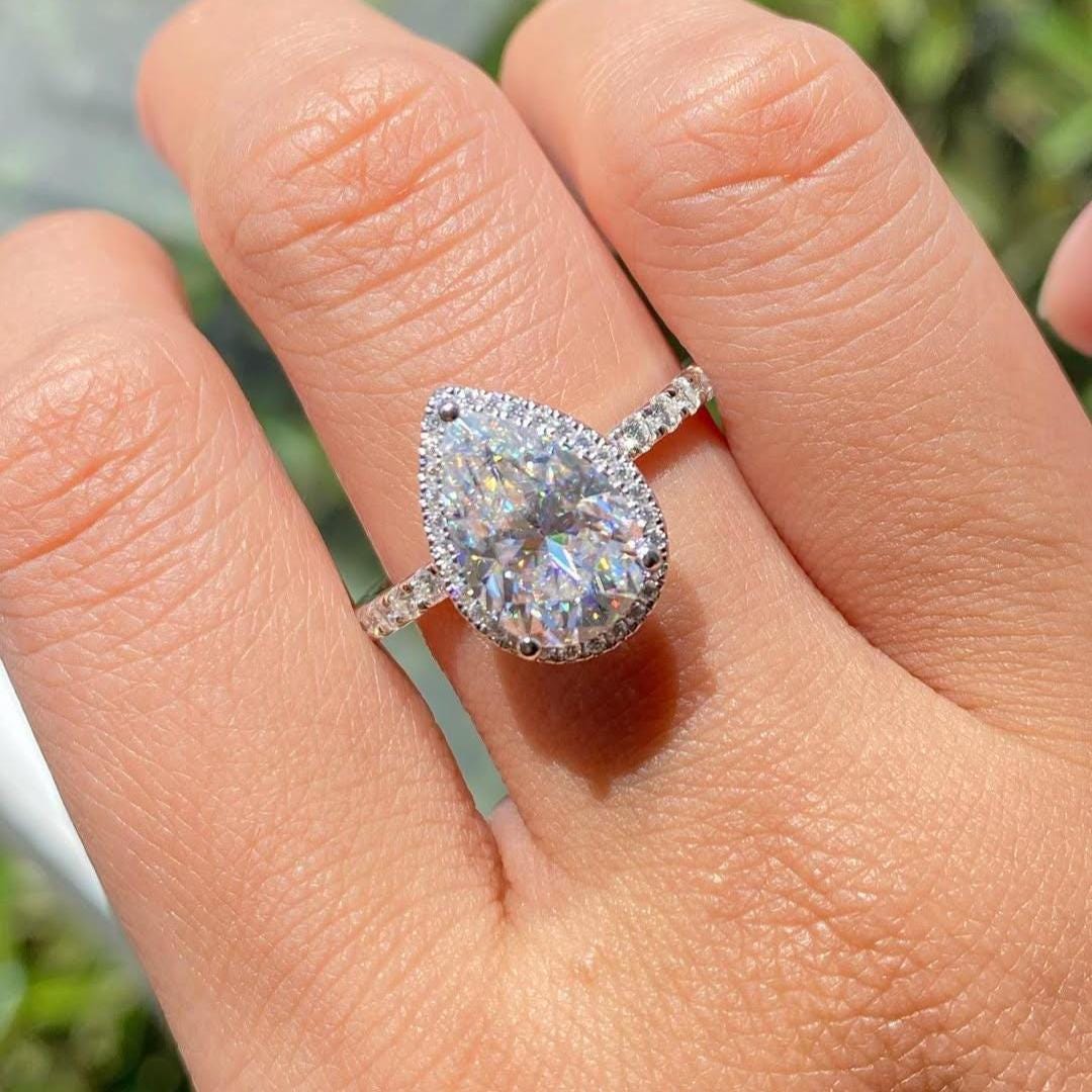 2.5CT Pear Cut Halo Engagement Ring Teardrop Moissanite Ring Dainty ...