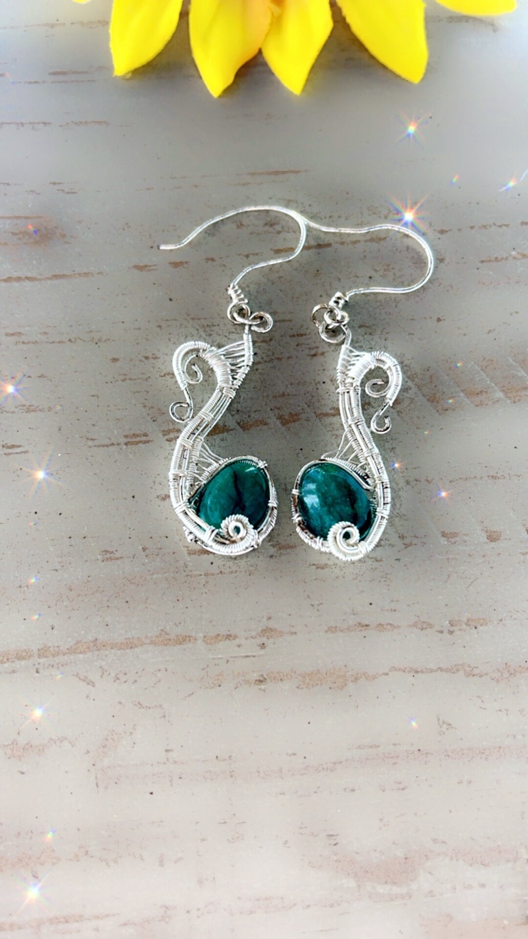 Green Emerald Earrings, Silver Plate Wire Wrapped Emerald Dangle Earrings, Tear Drop Emerald ...