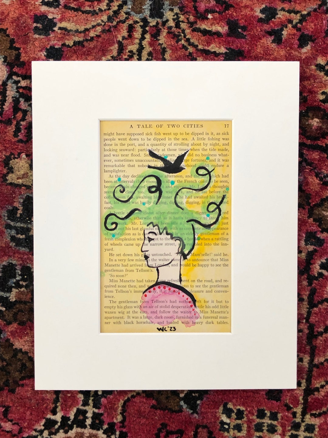 Profile of Whimsical Person With Bird, Original Painting Over Vintage ...