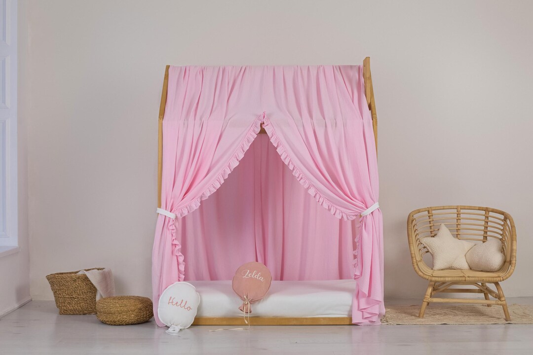 Montessori Bed Canopy With Ruffle, Pink House Bed Montessori Canopy ...