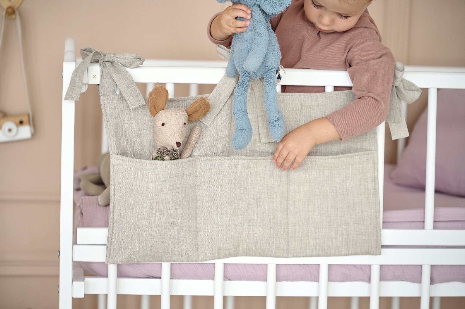 Natural Linen Crib Organizer, Baby Cot Pocket Organizer, Diapers Beige ...