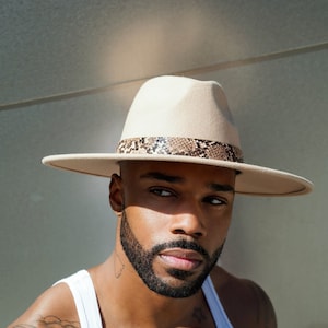 Women's Walnut Cream Wide Brim Fedora With Snake Details Men Women Felt ...
