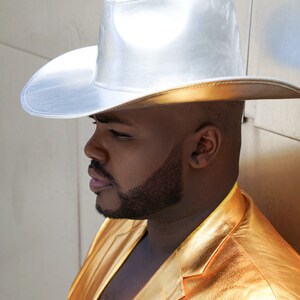 Metallic Silver Wide Brim Cowboy Hat, Unisex Fedora Hat Classic Wide ...