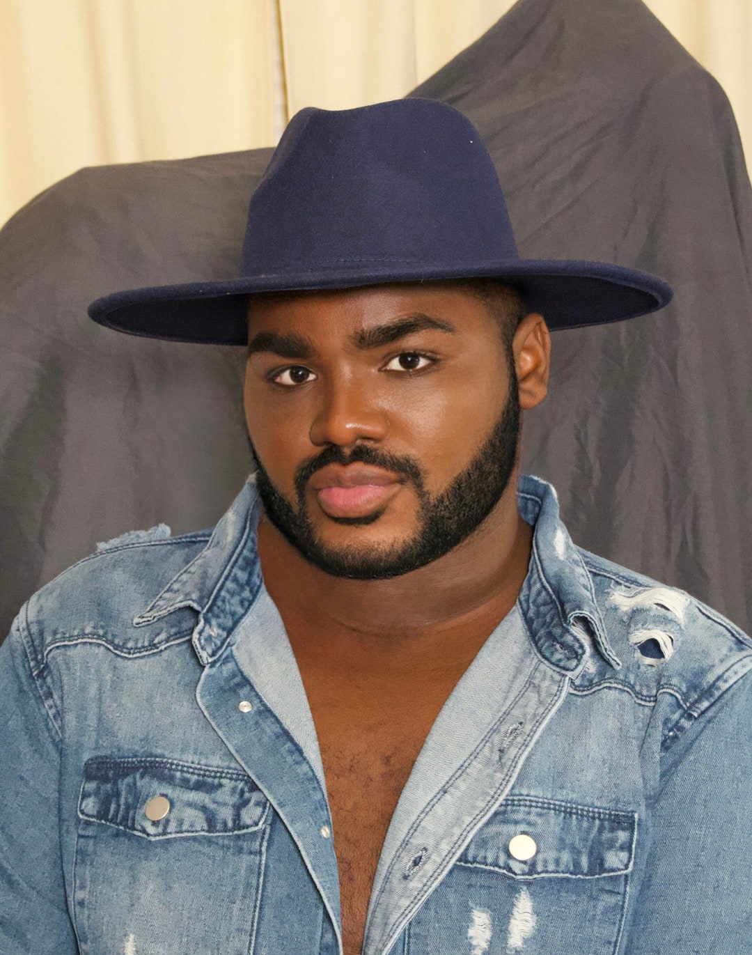 Dark Blue Wide Brim Fedora Classic Panama Hat, Fedora Hats for Men ...