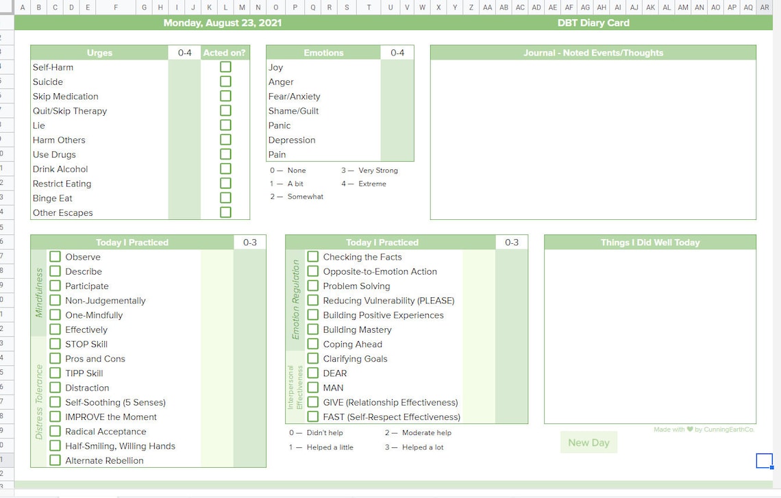 DBT Diary Card Journal - Easy-use Google Sheet | BPD Mood Tracker, Urge ...