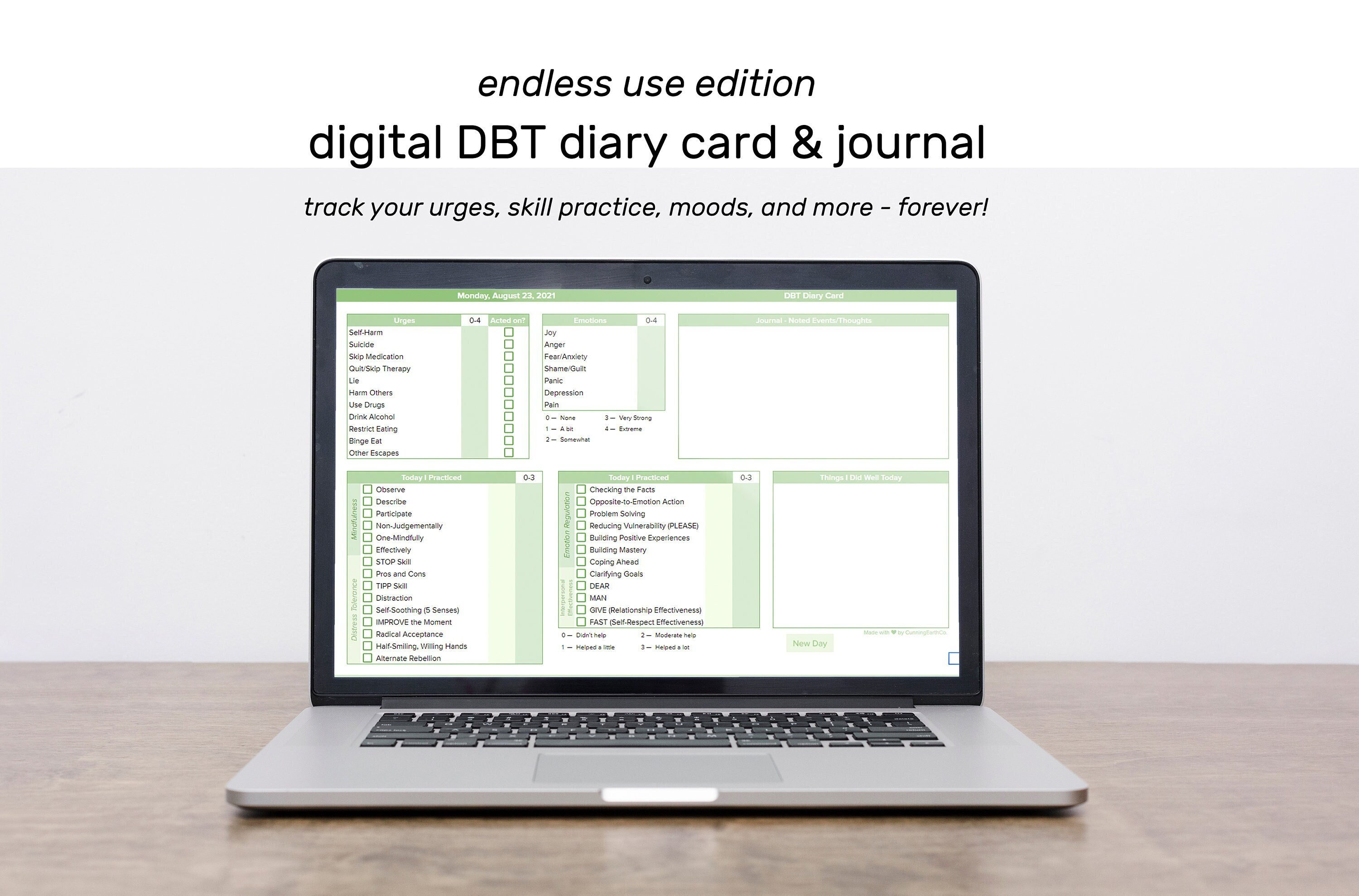 DBT Diary Card Journal - Easy-use Google Sheet | BPD Mood Tracker, Urge ...