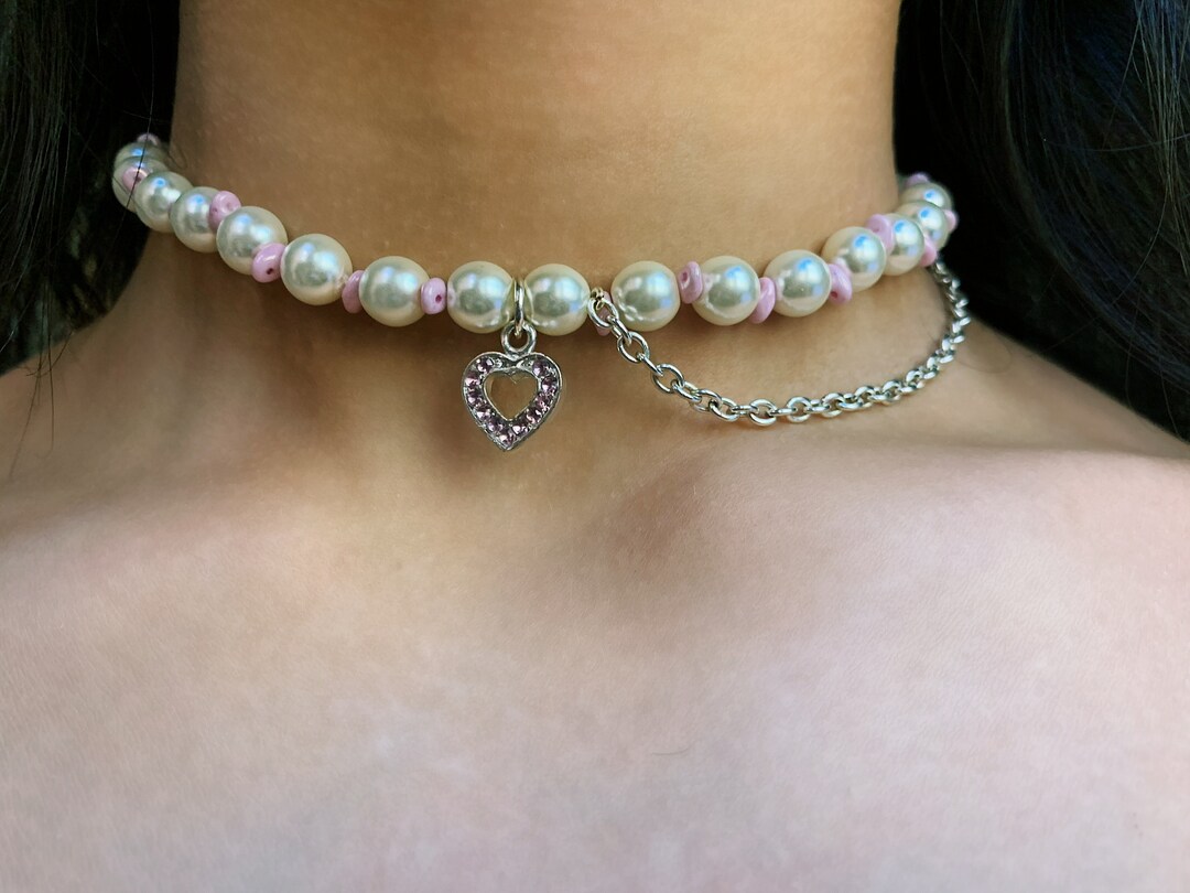 Chain Pendant Pink Heart Pearl Choker Necklace - Etsy
