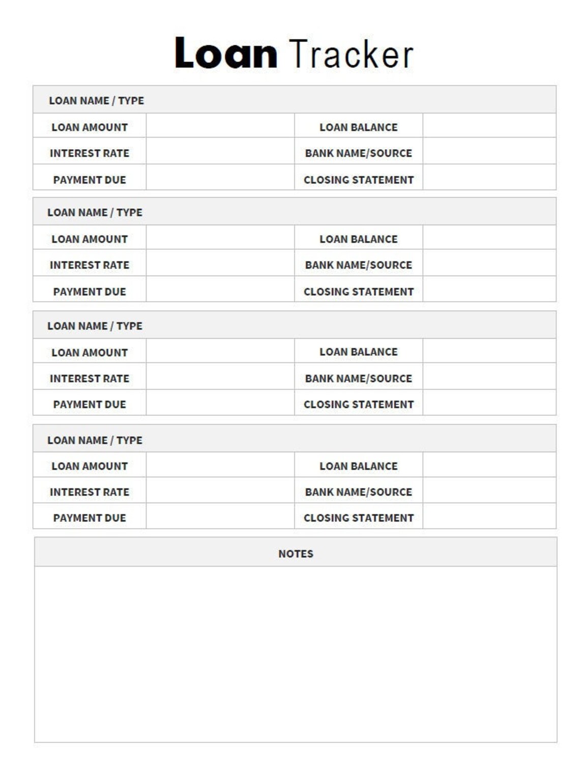 Loan Tracker Sheet Loans Log Loan Debt (Instant Download) - Etsy