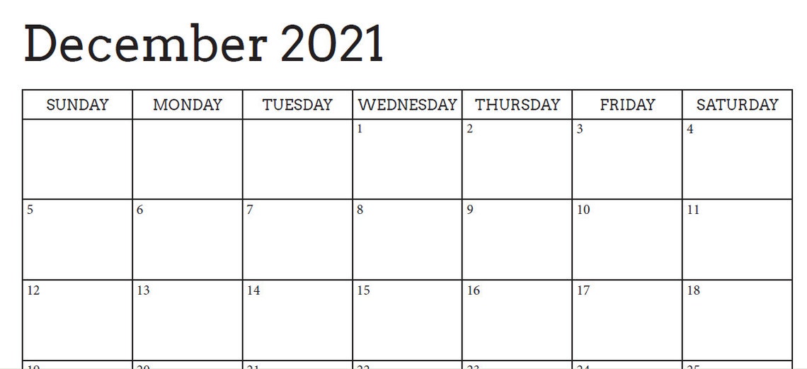 Month of DECEMBER 2021 Simple Calendar Minimalist Basic | Etsy