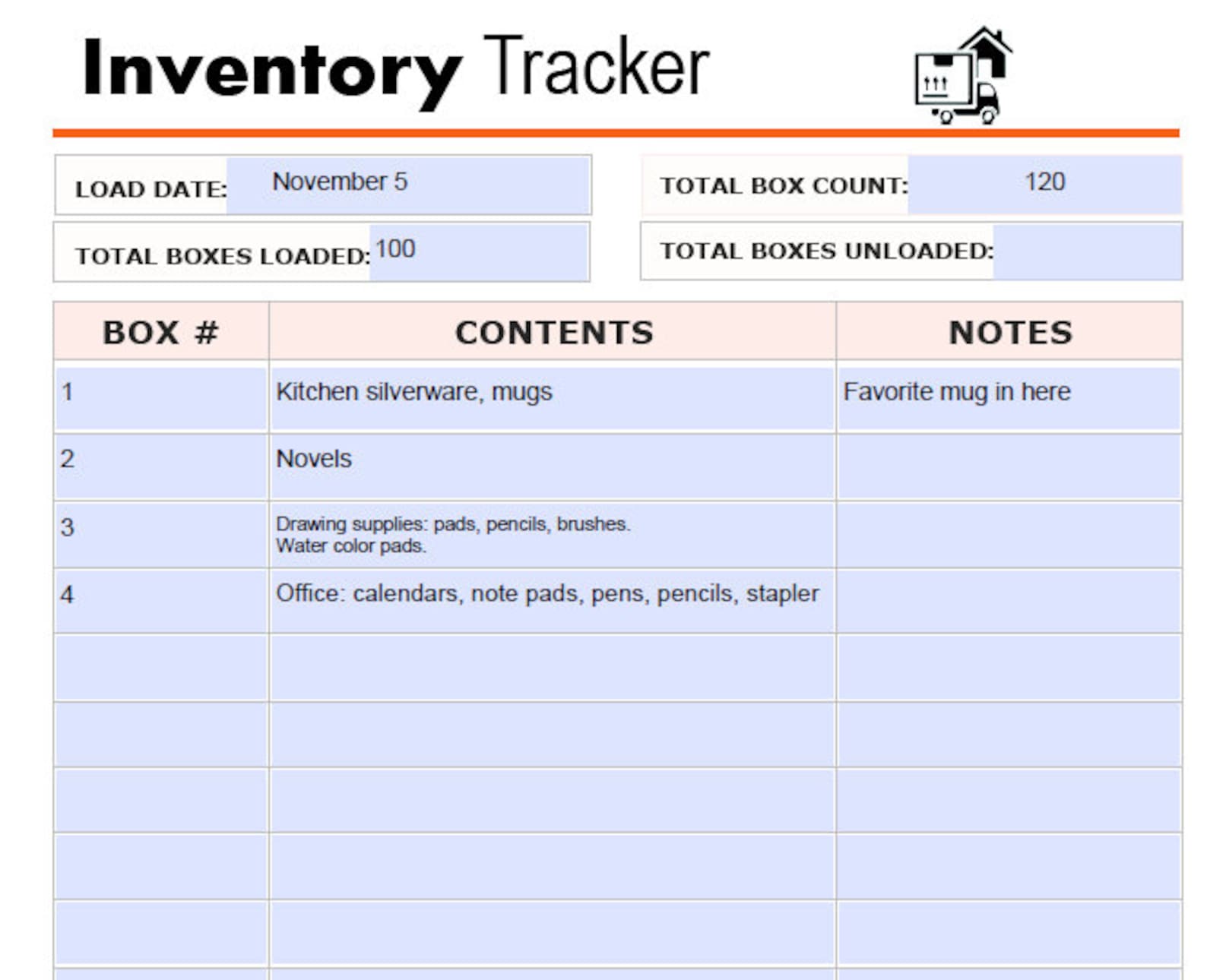 Inventory Tracker | Moving Box Checklist | Packing List Inventory ...