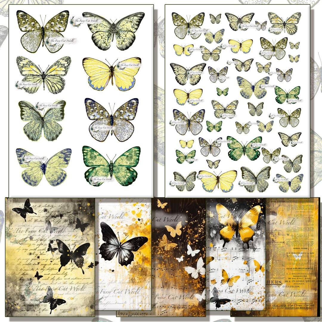 Set of Yellow Fussy Cut Butterflies and Coloured Backgrounds for Cards ...