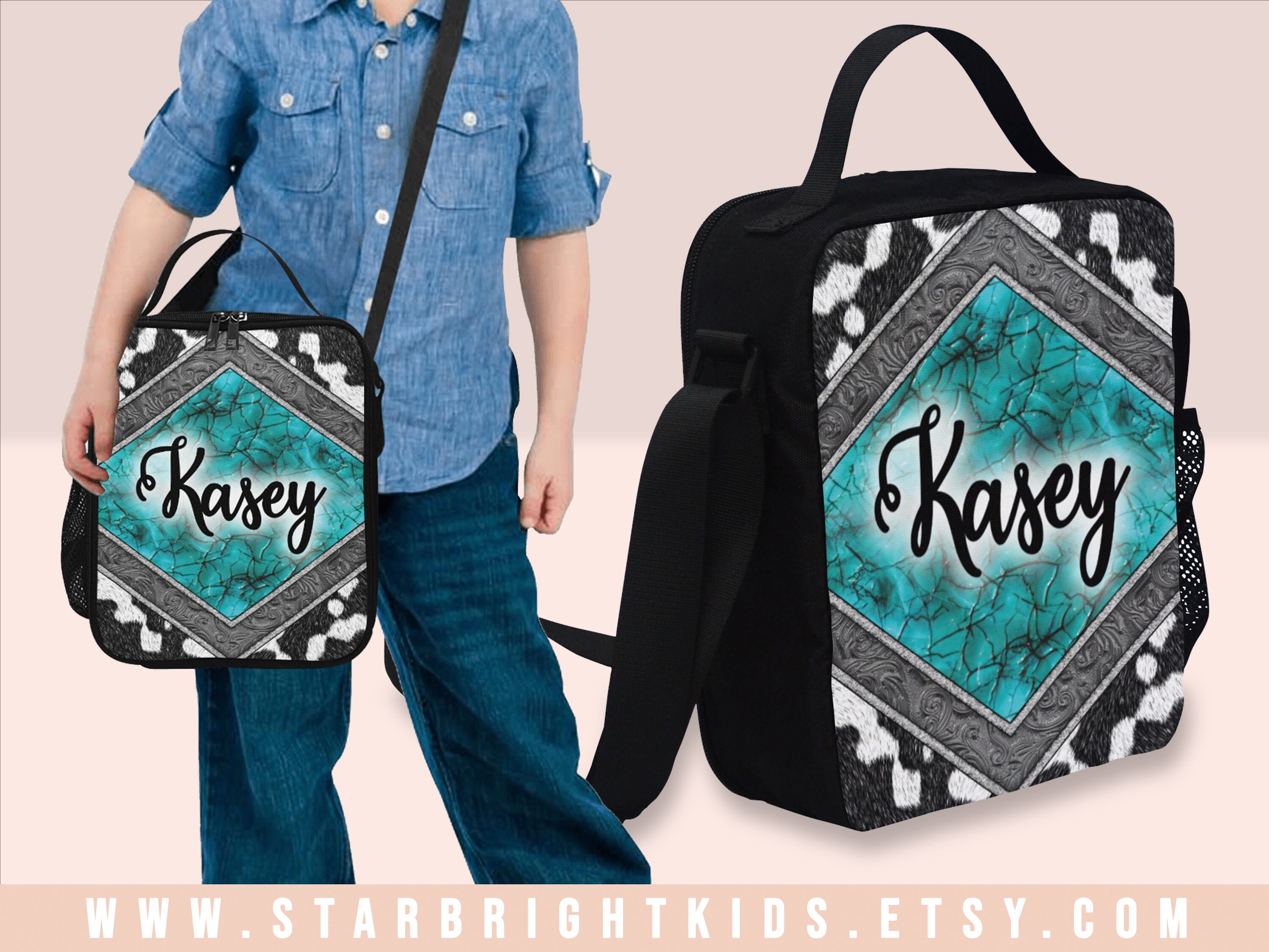 Personalized Black and White Cow Print and Turquoise Backpack - Etsy