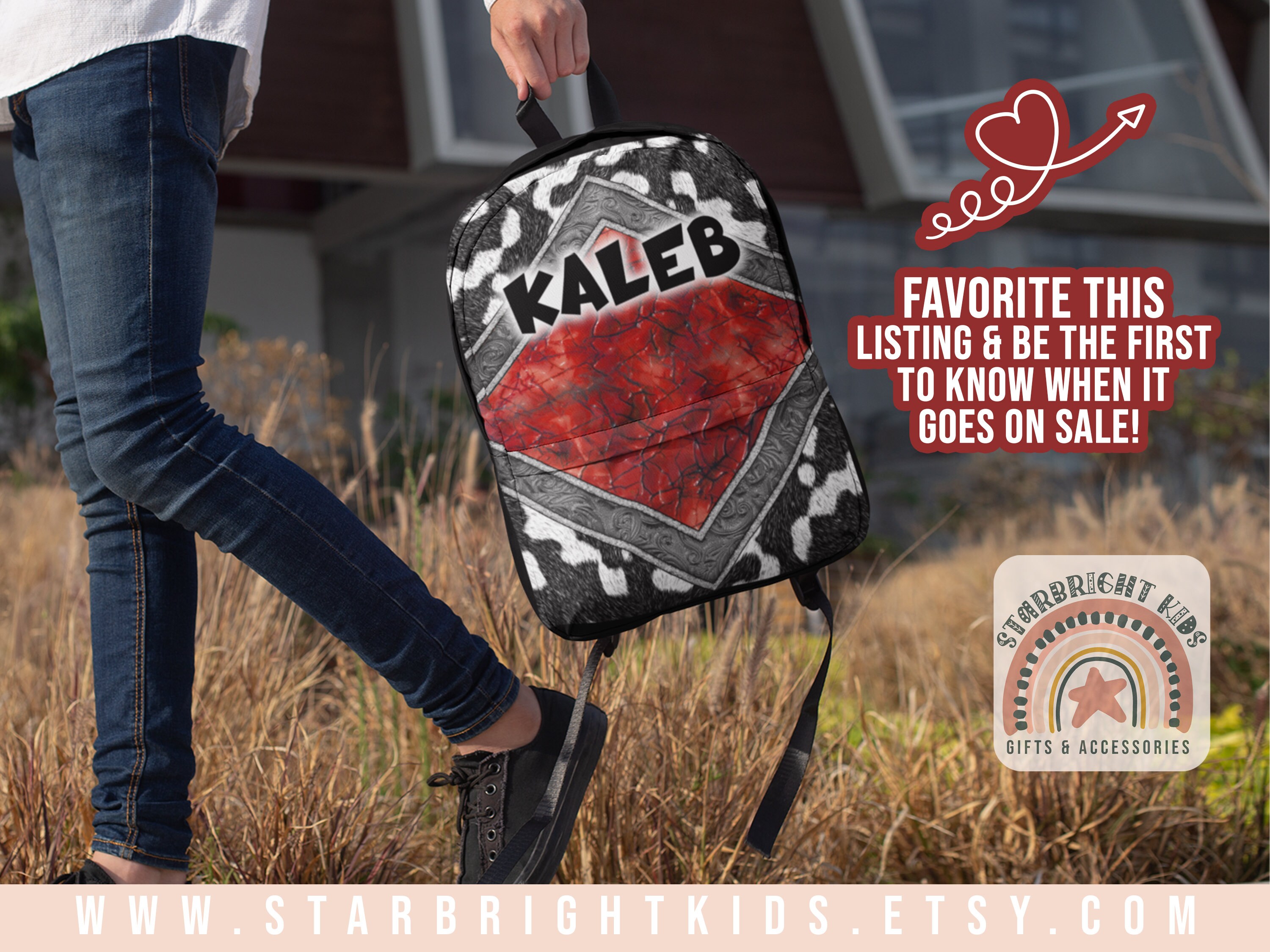 Personalized Black and White Cow Print Red Marble Backpack - Etsy