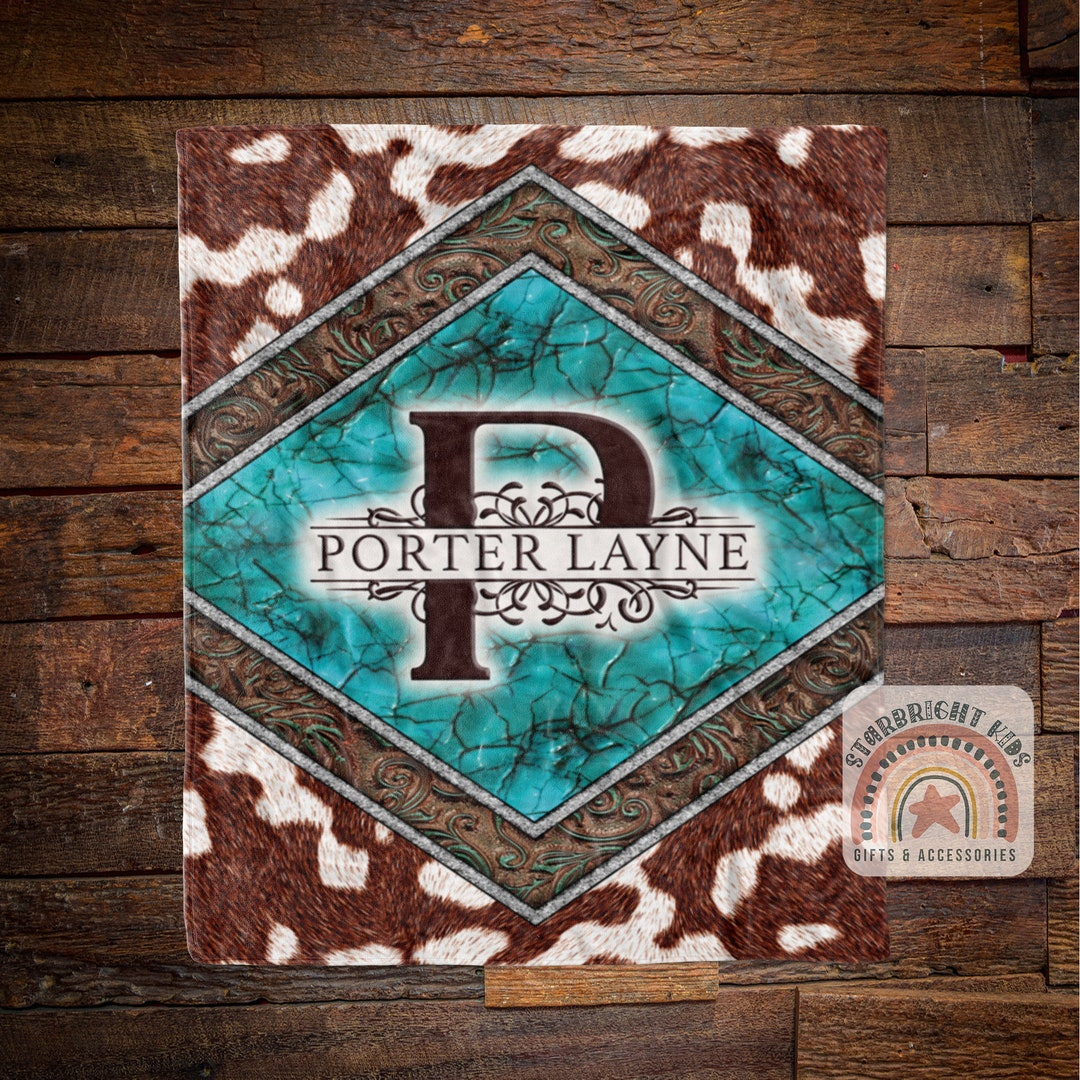 Turquoise Brown Cow Skin Print Personalized Custom Name Blanket Baby ...