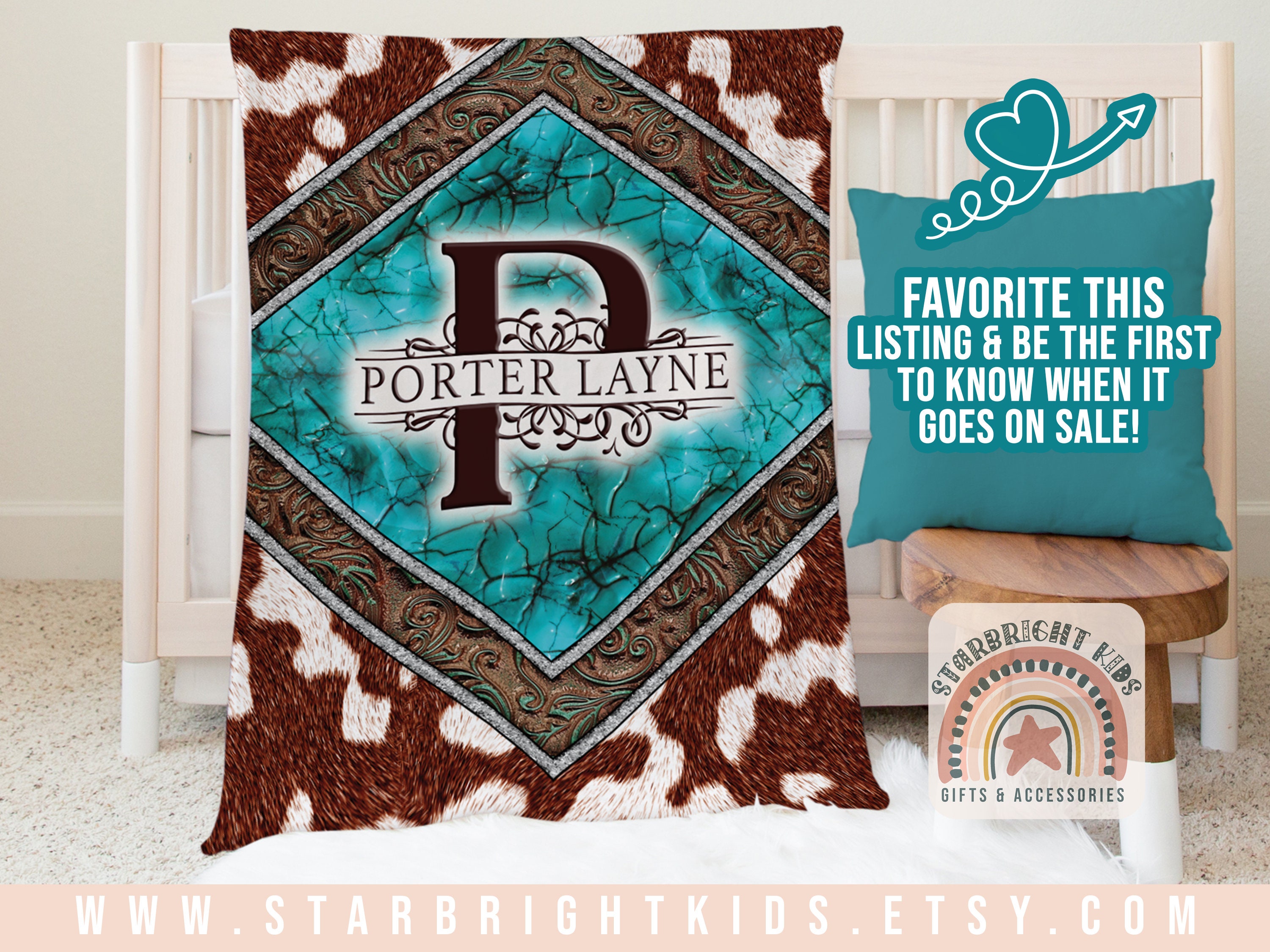 Turquoise Brown Cow Skin Print Personalized Custom Name | Etsy