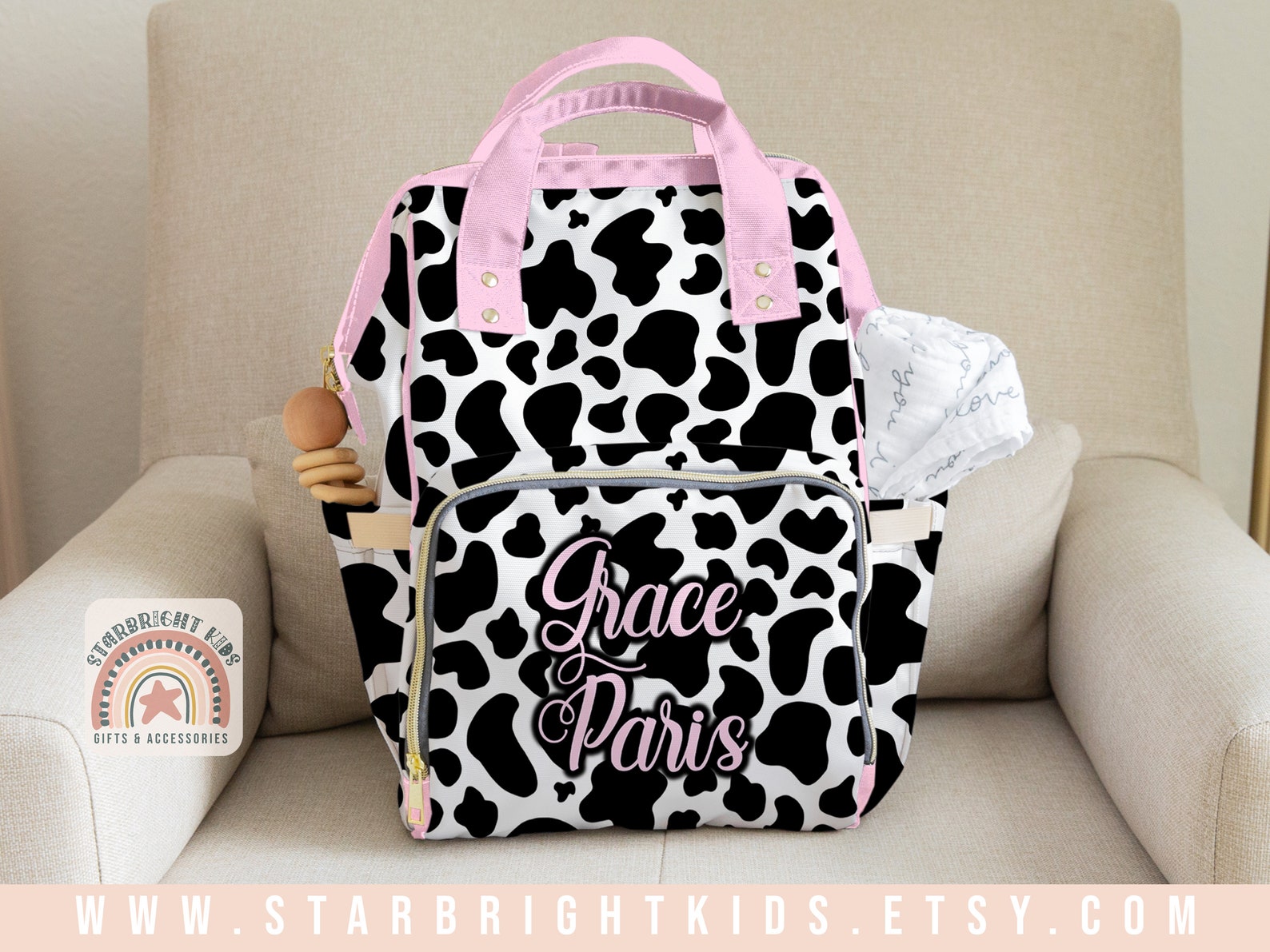 Pastel Pink Purple or Blue Cow Print Personalized Diaper Bag - Etsy
