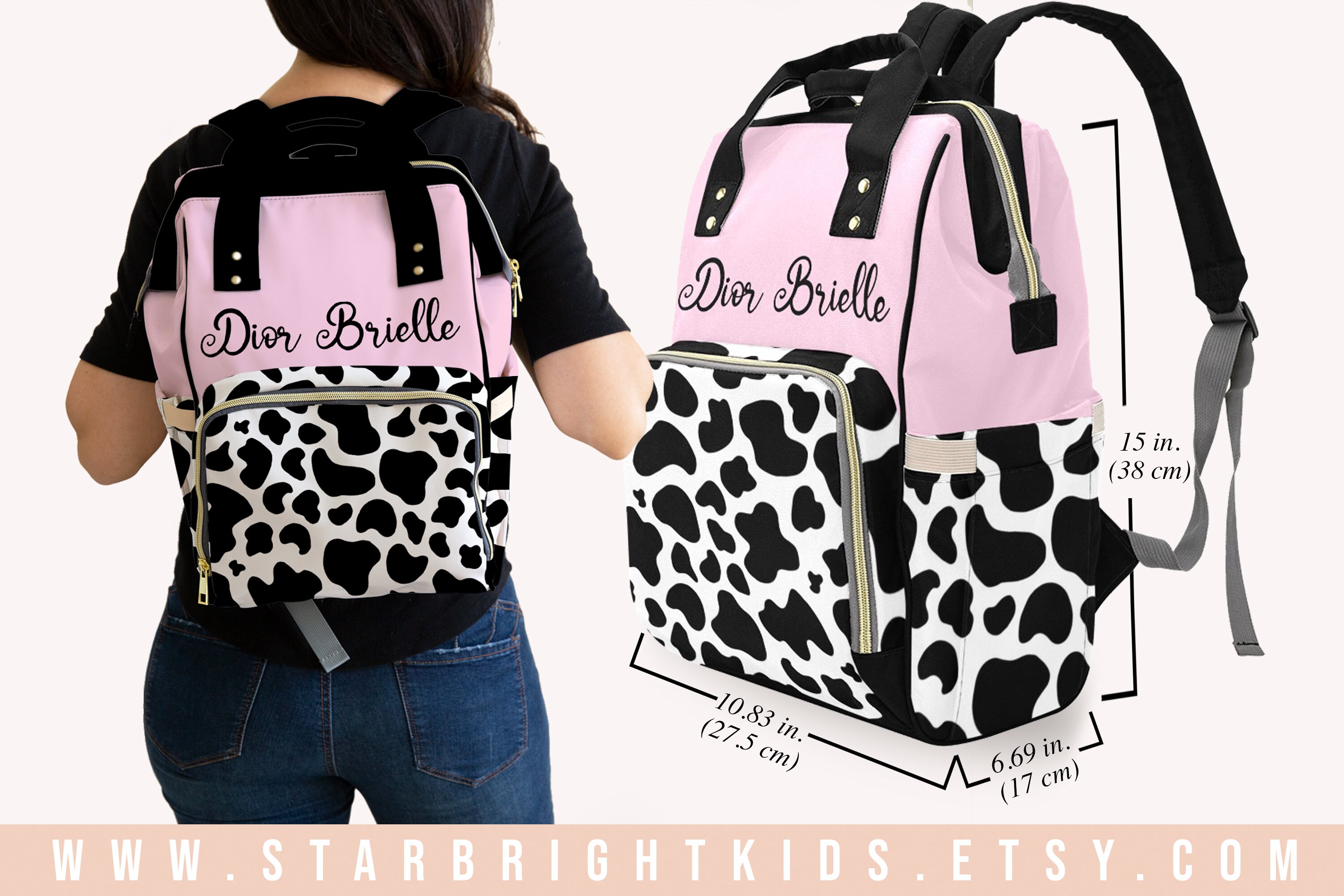 Baby Pink With Black & White Cow Print Customized Diaper Bag - Etsy