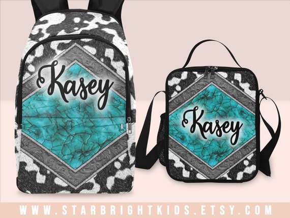 Personalized Black and White Cow Print and Turquoise Backpack - Etsy