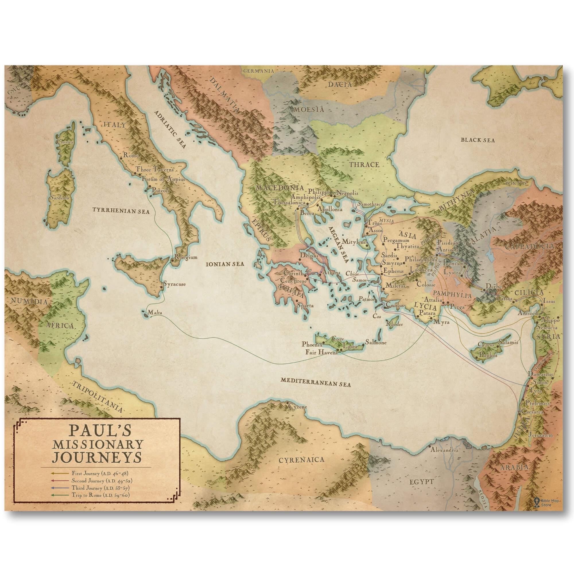 Mapa bíblico de los viajes misioneros de Pablo: mapas antiguos del ...