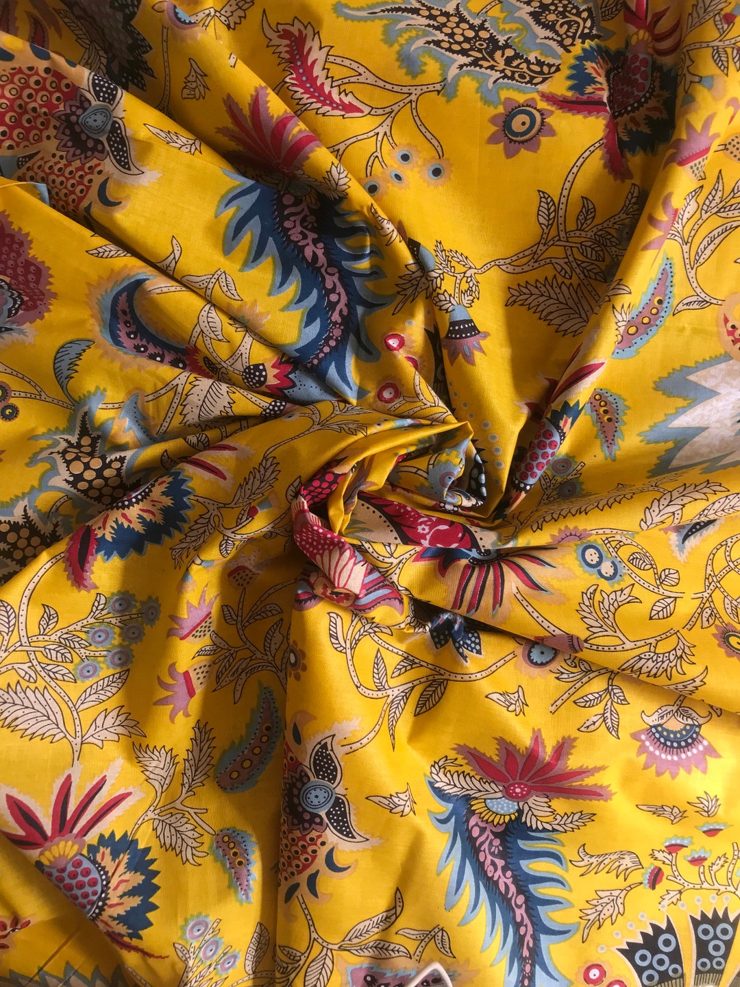 Yellow Floral Batik Mukat Print Jaipur Hand Block Print Fabric , 100% ...