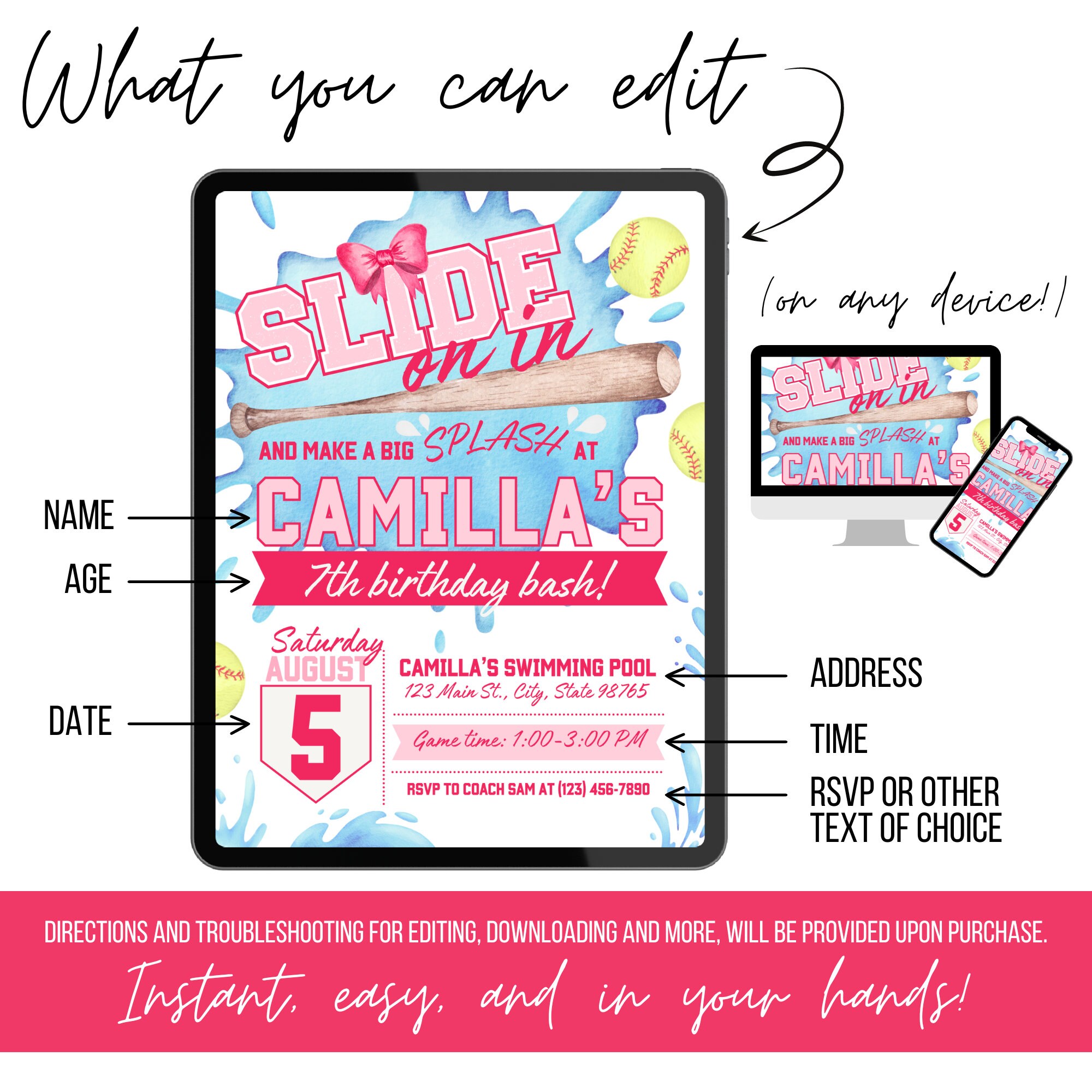 Softball Girl’s Pool Party Instant Editable Personalized Digital Summer ...