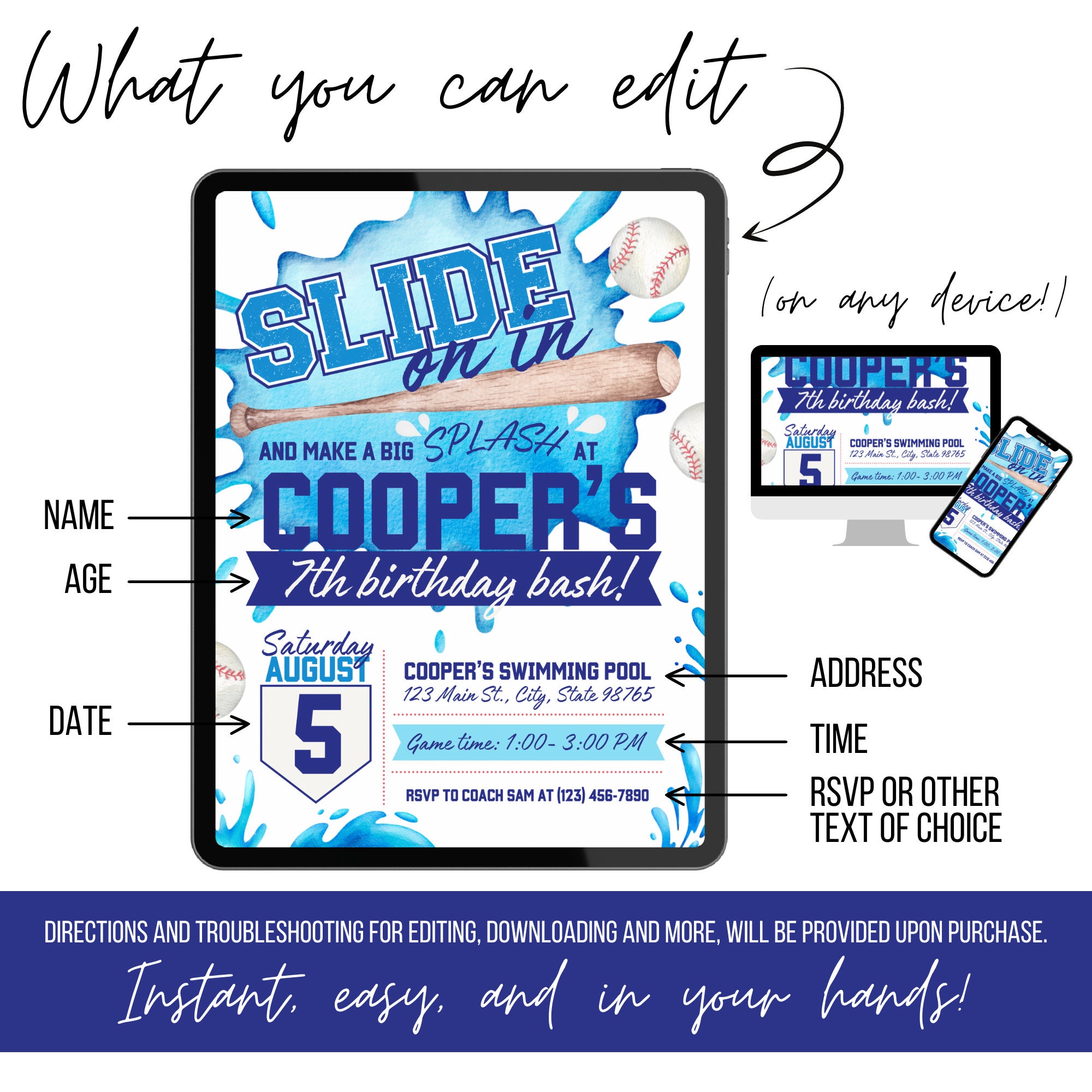 Baseball Pool Party Instant Editable Personalized Digital Summer ...