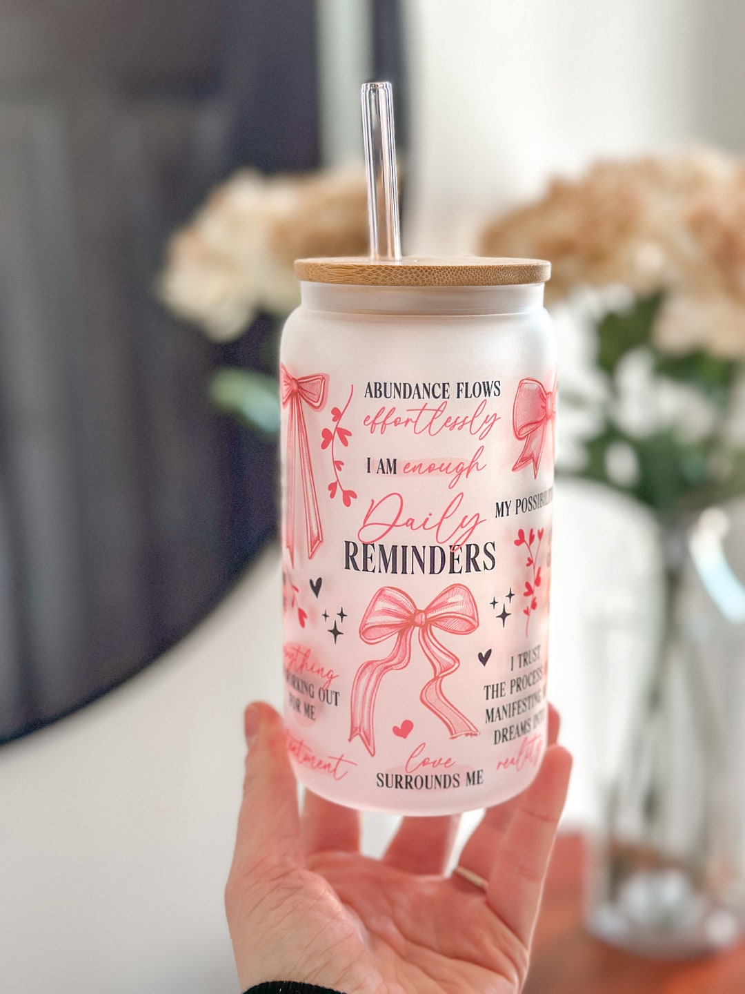 Pink Bow Cup Glass Daily Reminders Gift for Her| Cute Cup Coquette ...