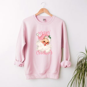 Pink Christmas Vintage Santa Sweatshirt Retro Pink Santa Hat Sweatshirt ...