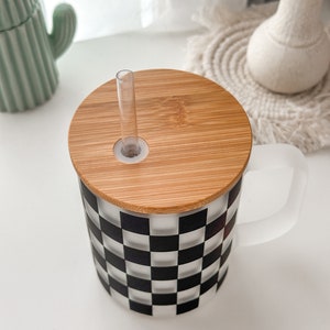 Checkered Glass Coffee Travel Mug Neutral Print Boho Checkered Cup ...