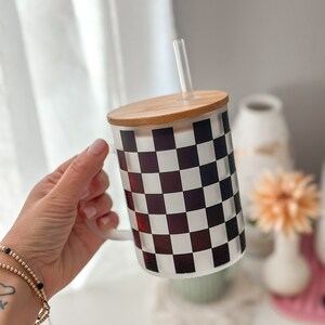 Checkered Glass Coffee Travel Mug Neutral Print Boho Checkered Cup ...