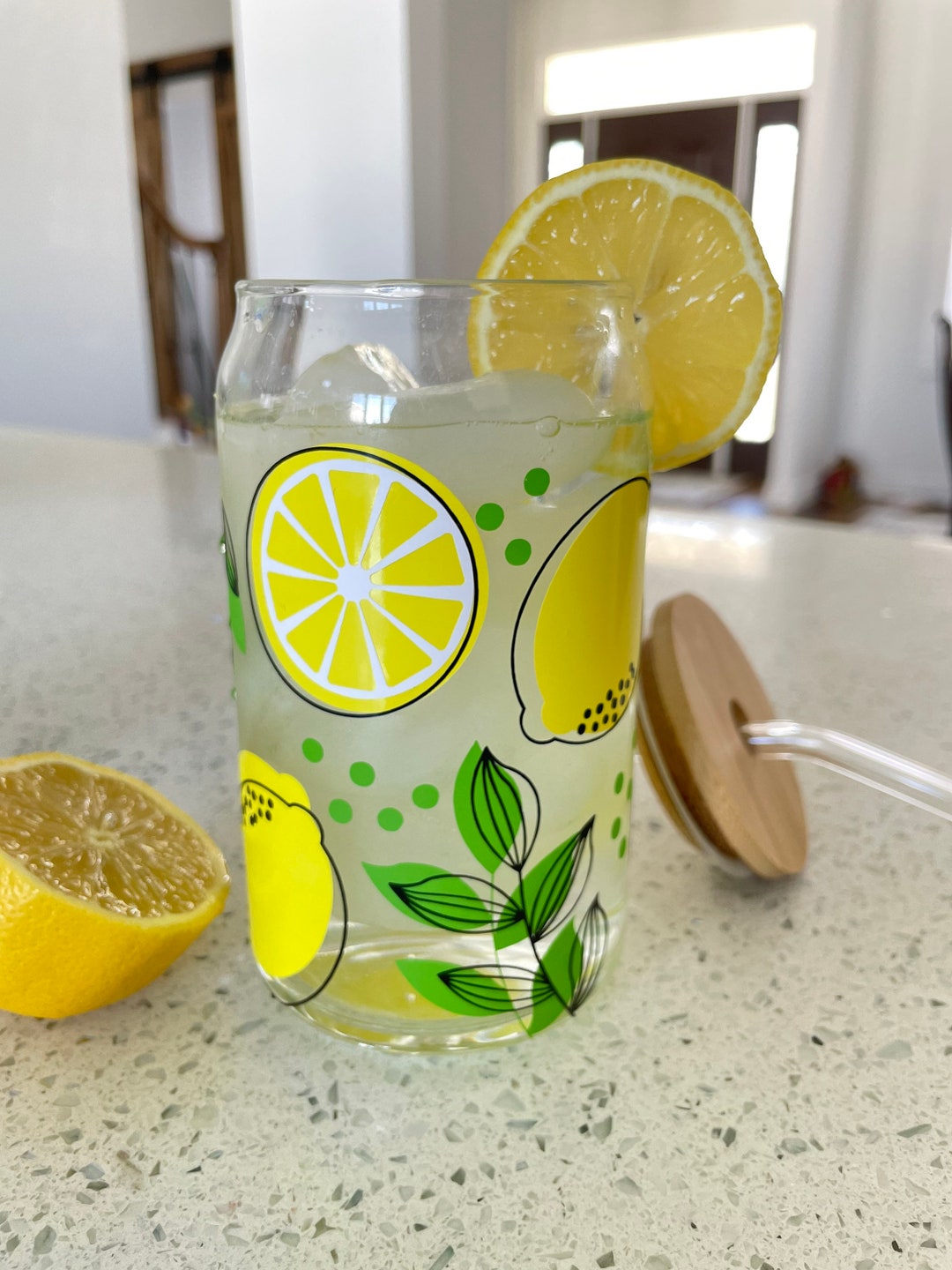 Lemons Glass Cup, Lemon and Mint Leaves, Boho Lemon Beer Glass Cup ...